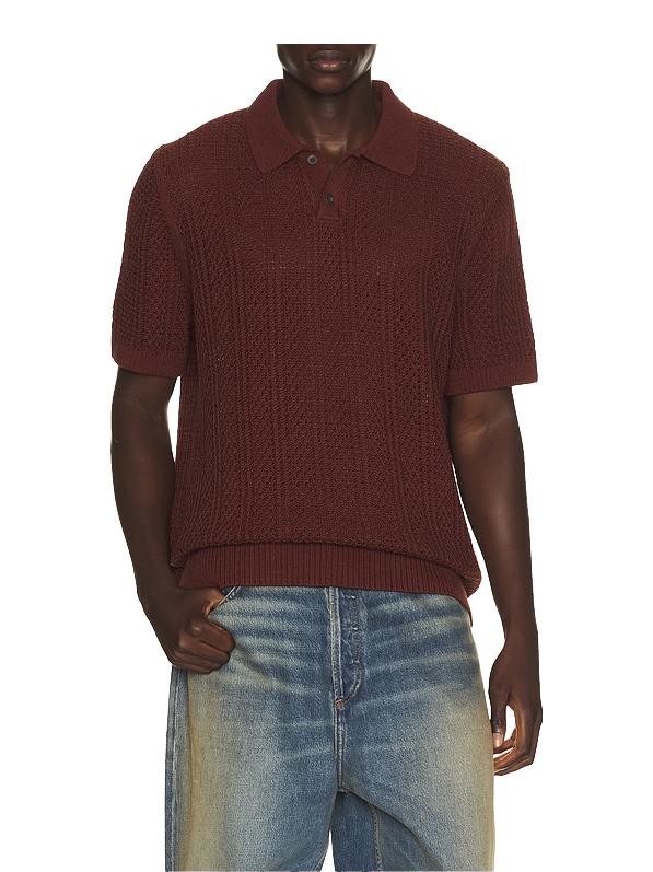 VINCE vince seed stitch rib short sleeve polo shirt in red.